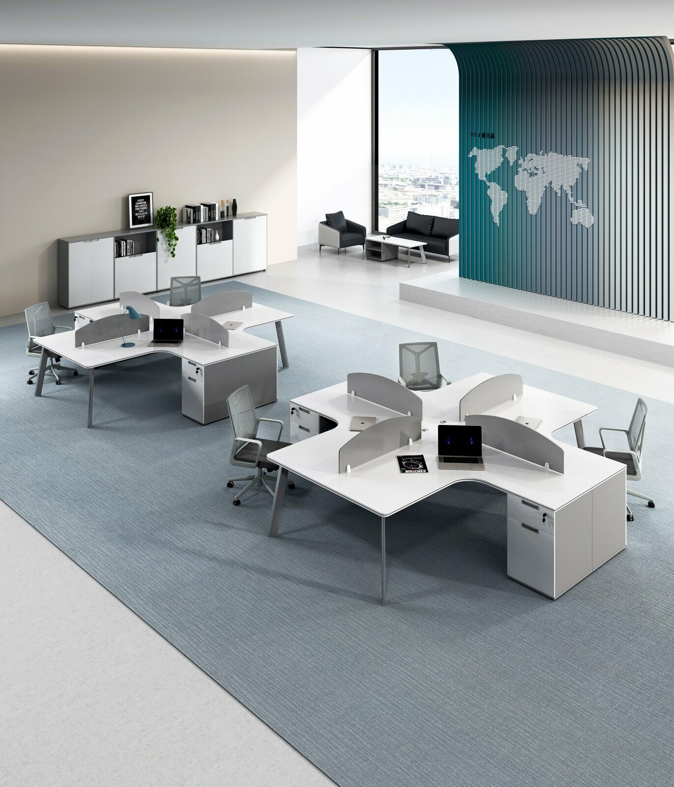 Birou operational, statie de lucru cu 4 posturi si dulapuri integrate ...