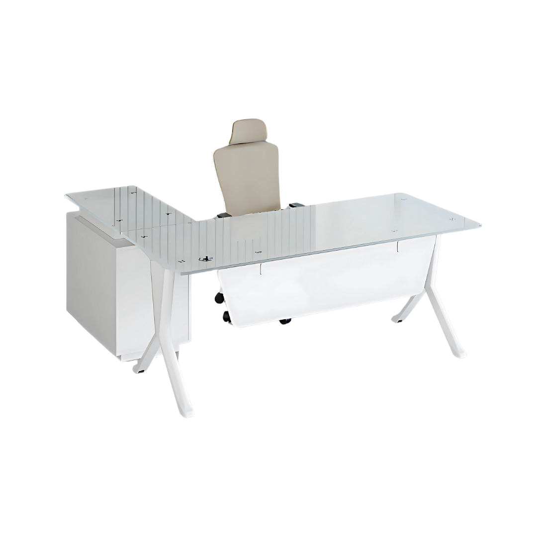 Masă birou in forma de L cu blat din sticla si dulap lateral fix ...