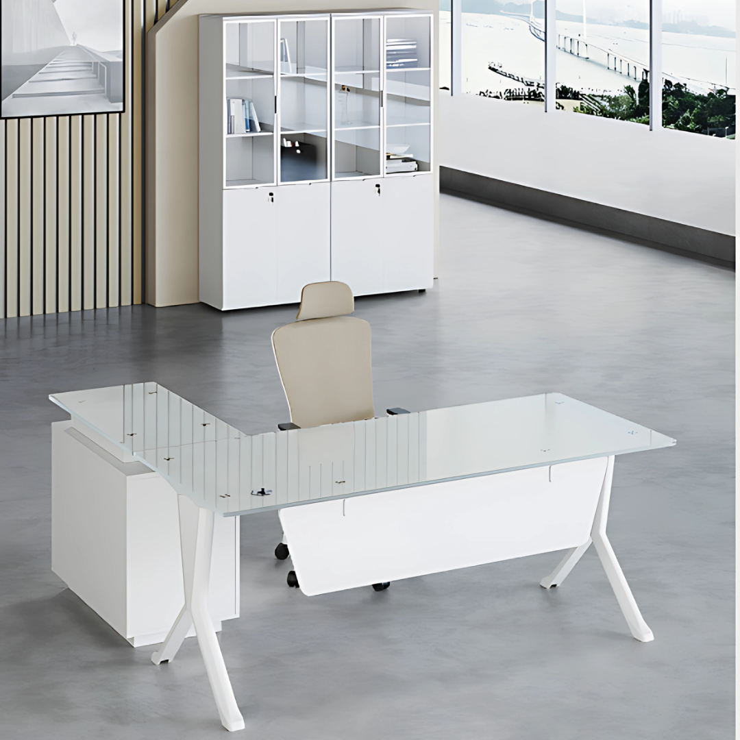 Masă birou in forma de L cu blat din sticla si dulap lateral fix ...