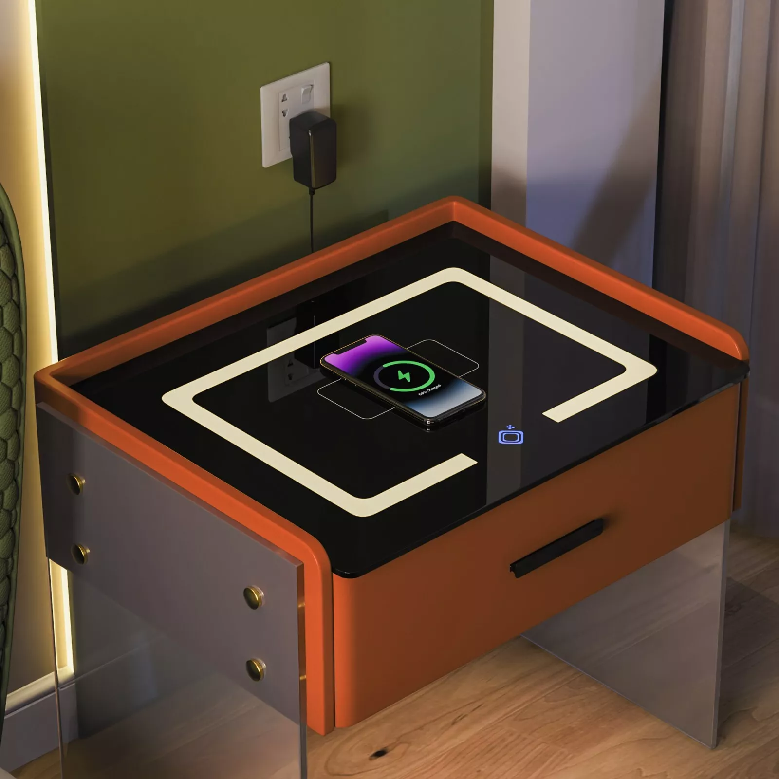 Noptiera inteligenta cu incarcare wireless, iluminare LED, 1 sertar de ...