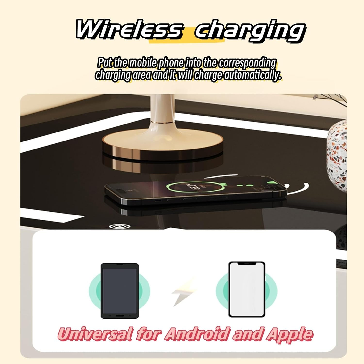 Noptiera inteligenta cu incarcare wireless, iluminare LED, 2 sertare de ...