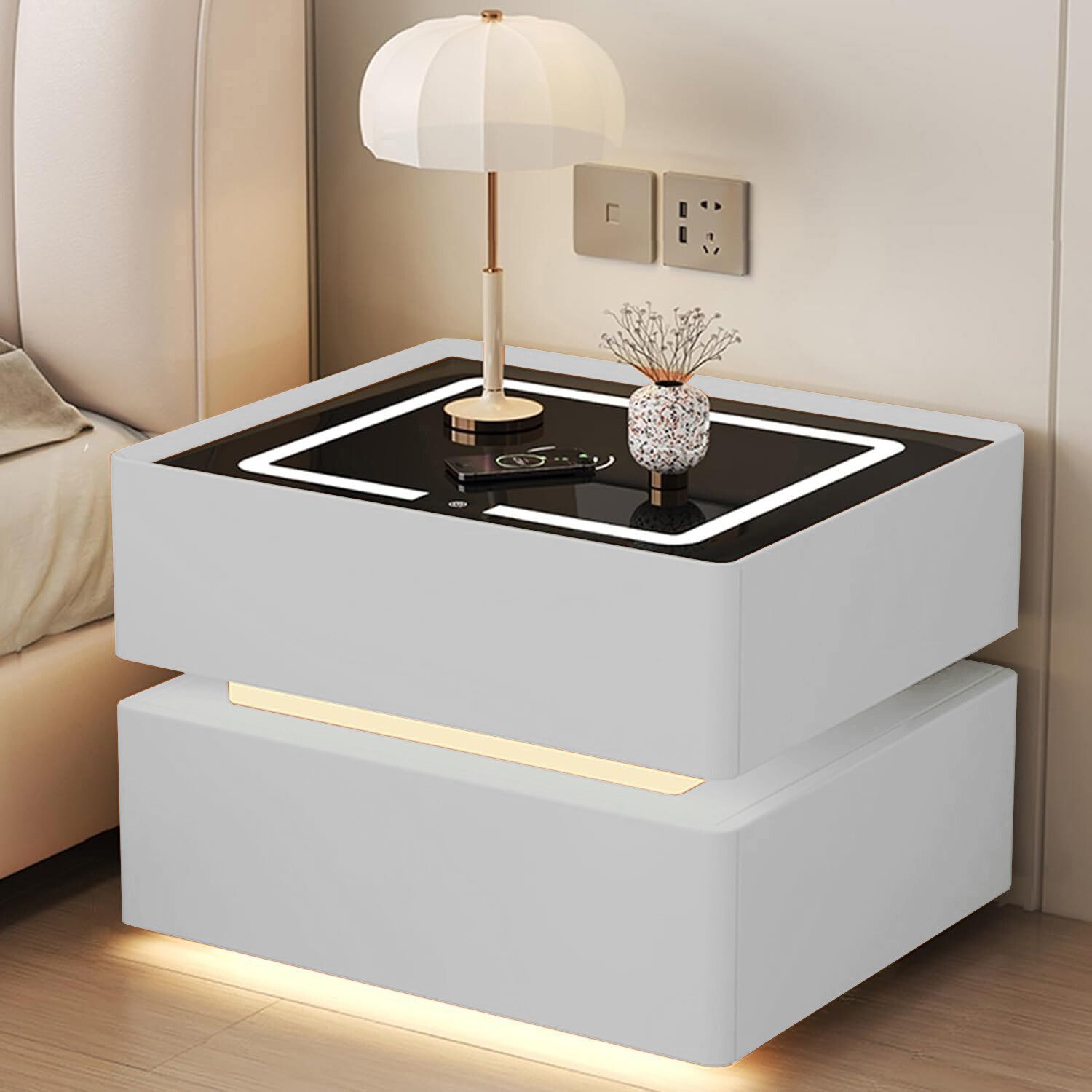 Noptiera inteligenta cu incarcare wireless, iluminare LED, 2 sertare de ...