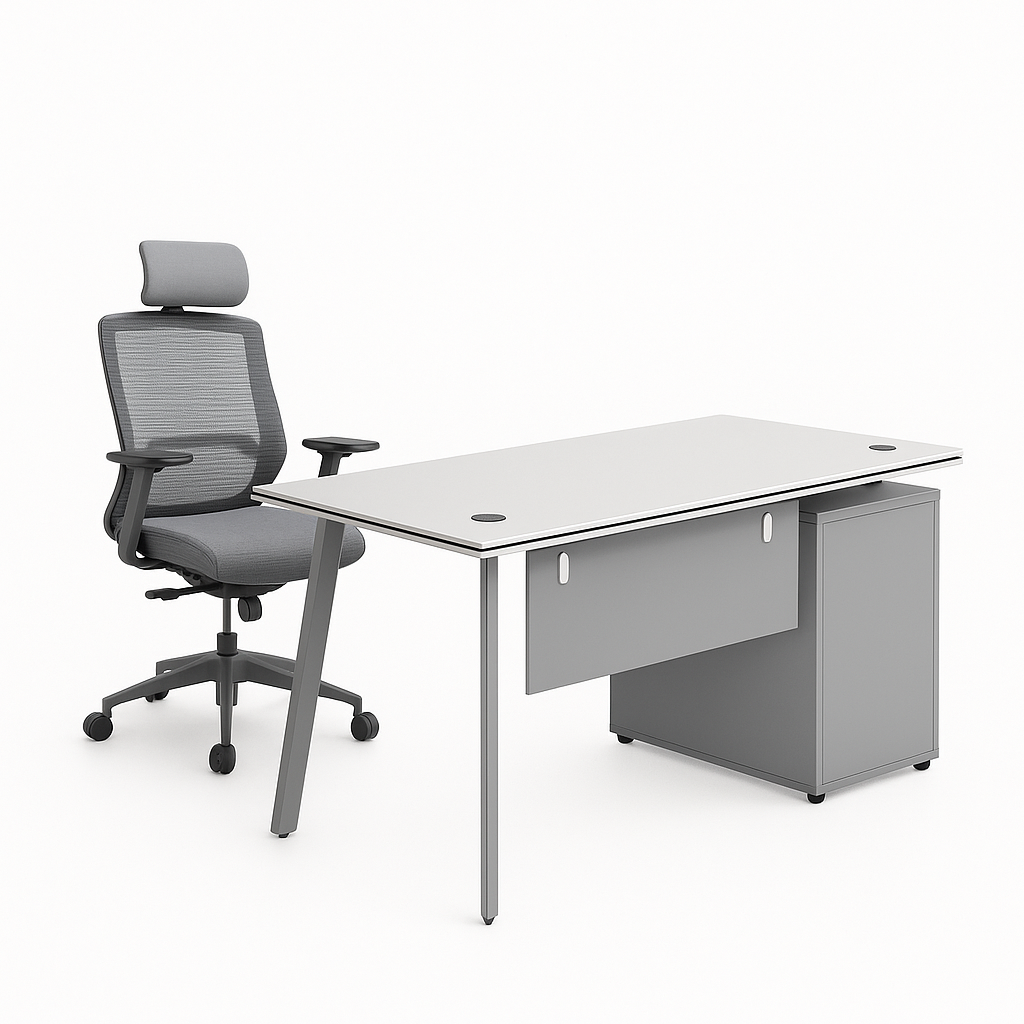 Set birou elegant cu birou lateral si scaun ergonomic cu suport lombar ...